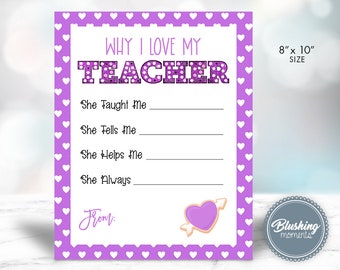Teacher Appreciation Printable, Why I Love My Teacher, Teacher Gift ...
