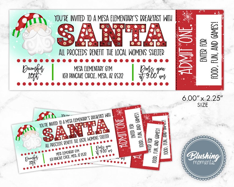 EDITABLE Breakfast With Santa Christmas Tickets, Santa Invitation ...