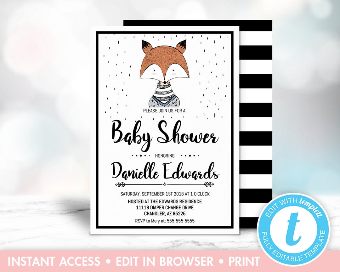EDITABLE Fox Baby Shower Invitation, Woodland Baby Shower,gender ...