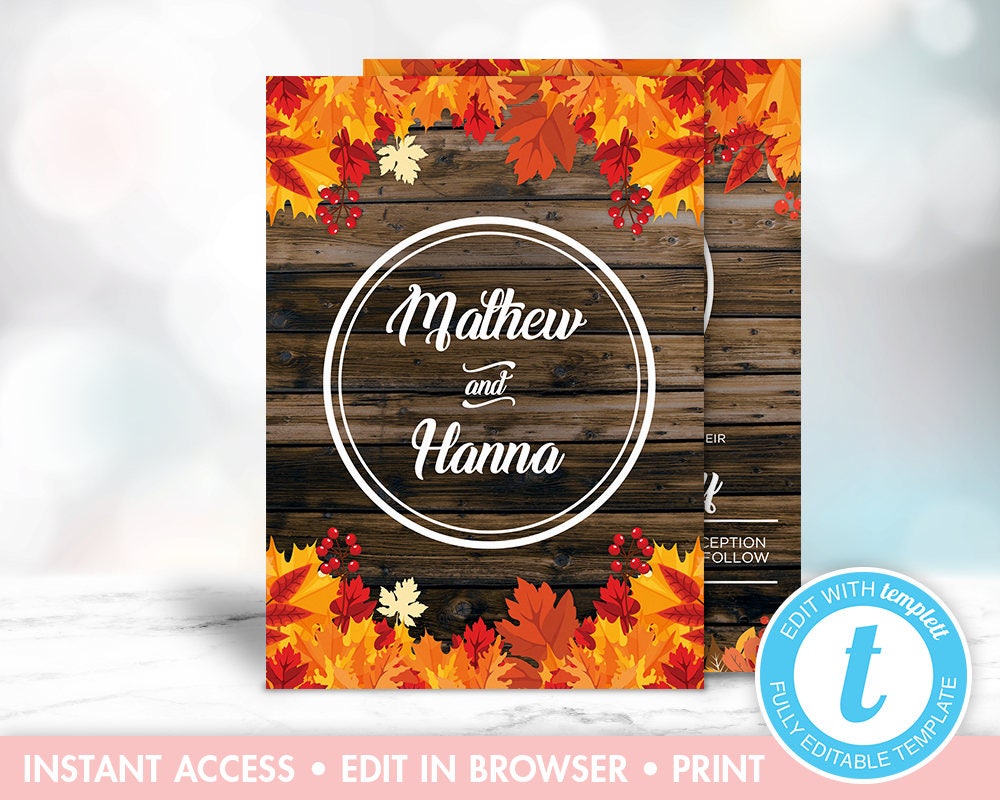 Rustic Fall Wedding Invitation Fall Leaves Country Wedding - Etsy