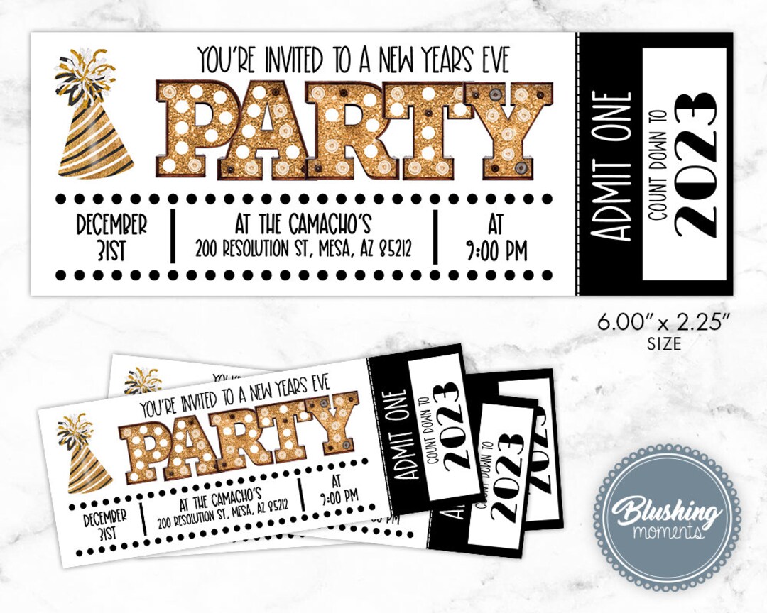 New Years Eve Ticket Invitation, NYE Party Invitations, Black White ...
