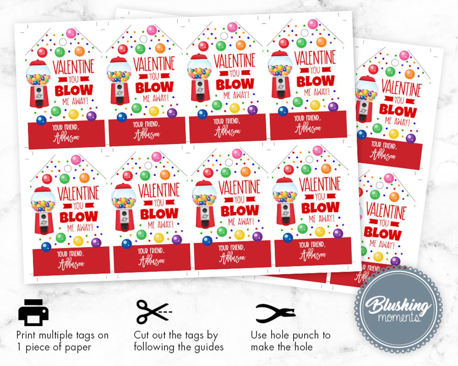 Bubble Gum Valentine's Day Tags, Printable Valentine, Classroom School ...