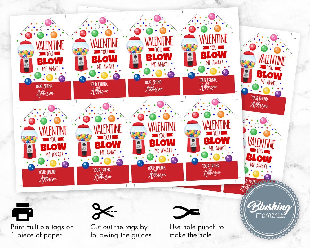 Bubble Gum Valentine's Day Tags Printable Valentine | Etsy