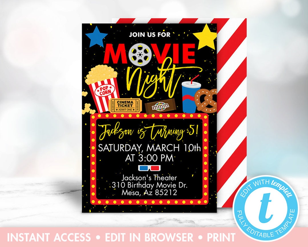 Movie Night Invitation, Movie Night Birthday Invitations, Outdoor Movie ...