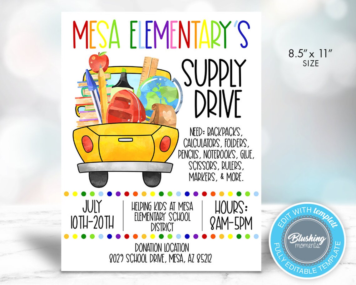 EDITABLE School Flyer, School Supply Drive Flyer, PTO Back to School ...