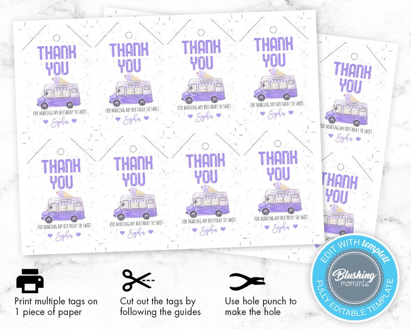 EDITABLE Ice Cream Thank You Gift Tag, Ice Cream Truck Favor Tags, Ice ...