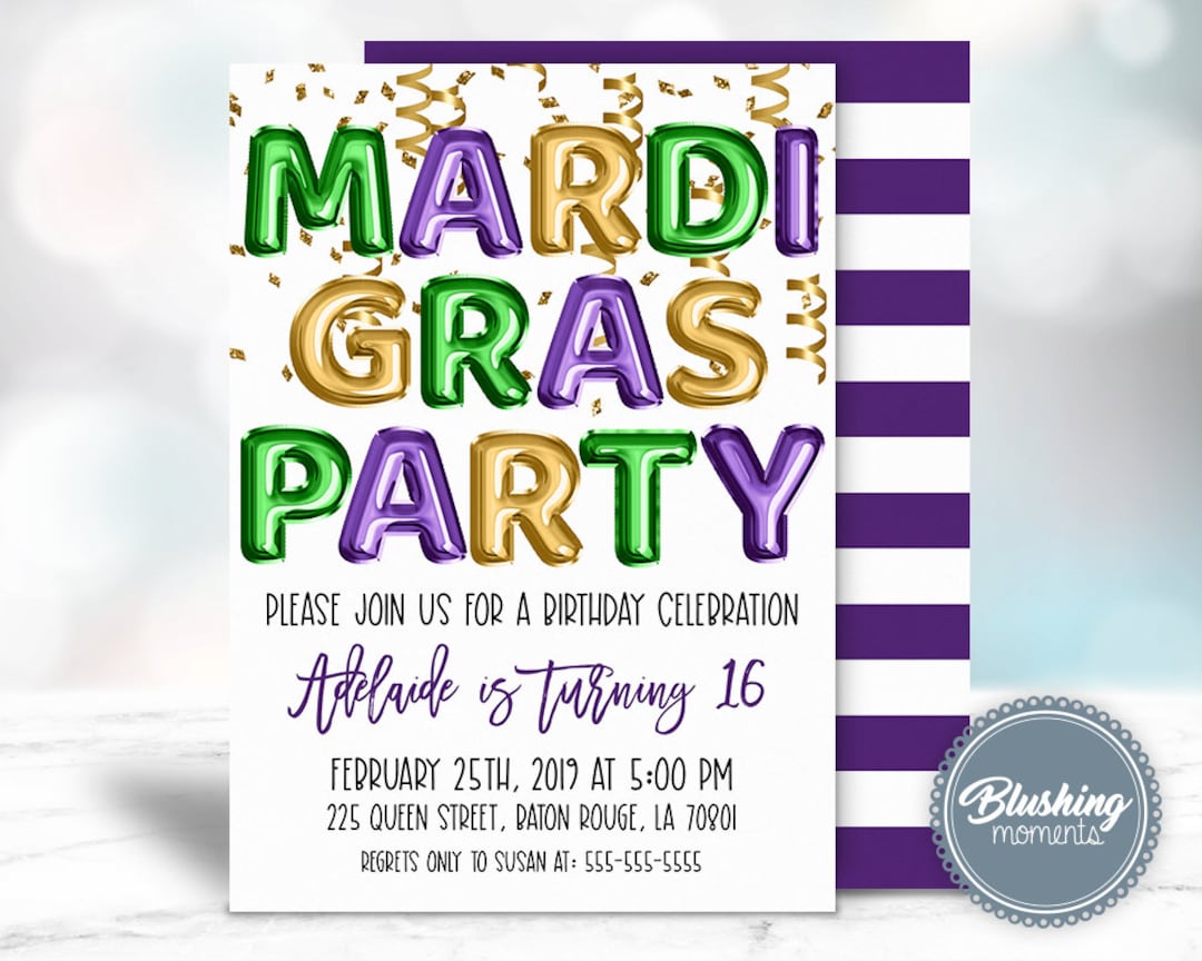 Mardi Gras Invitation, Fat Tuesday Birthday Party, Mardi Gras Theme ...