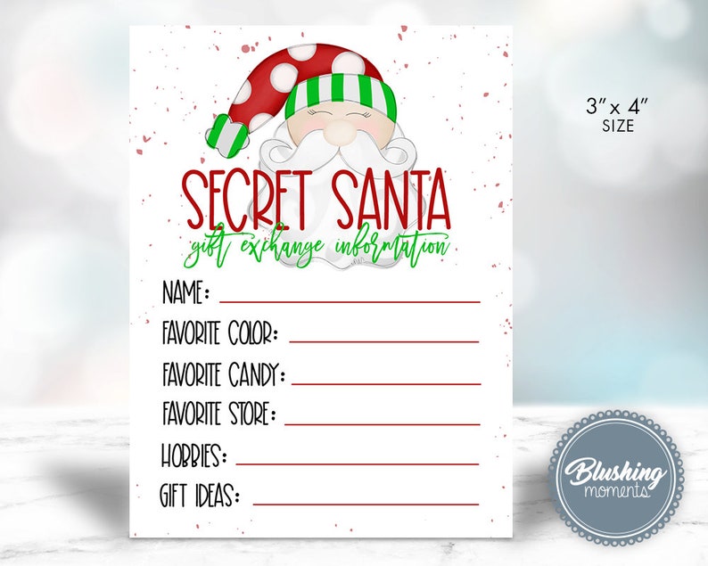 SECRET SANTA Gift Exchange Cards Printable-christmas Gift Wish List ...