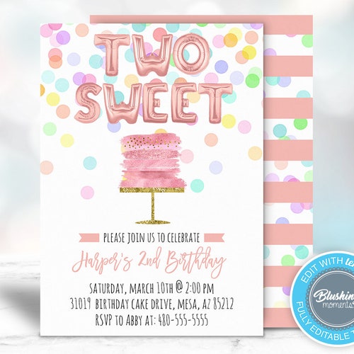 Two Sweet Editable Printable Birthday Party Invitation - Etsy