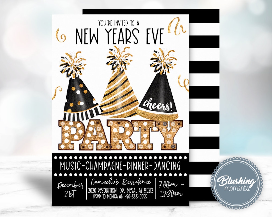 EDITABLE New Years Eve Invitation, NYE Party, Black White & Gold ...