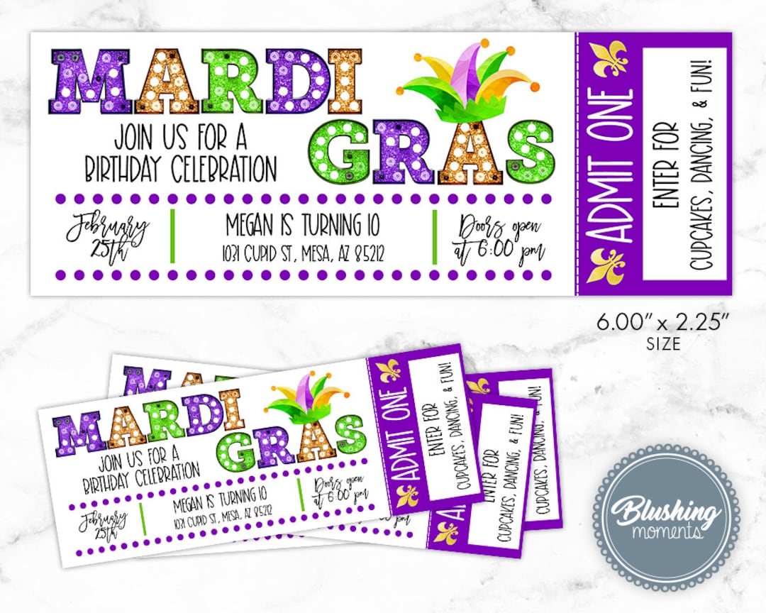 EDITABLE Mardi Gras Ticket Invitation, Mardi Gras Birthday Party ...
