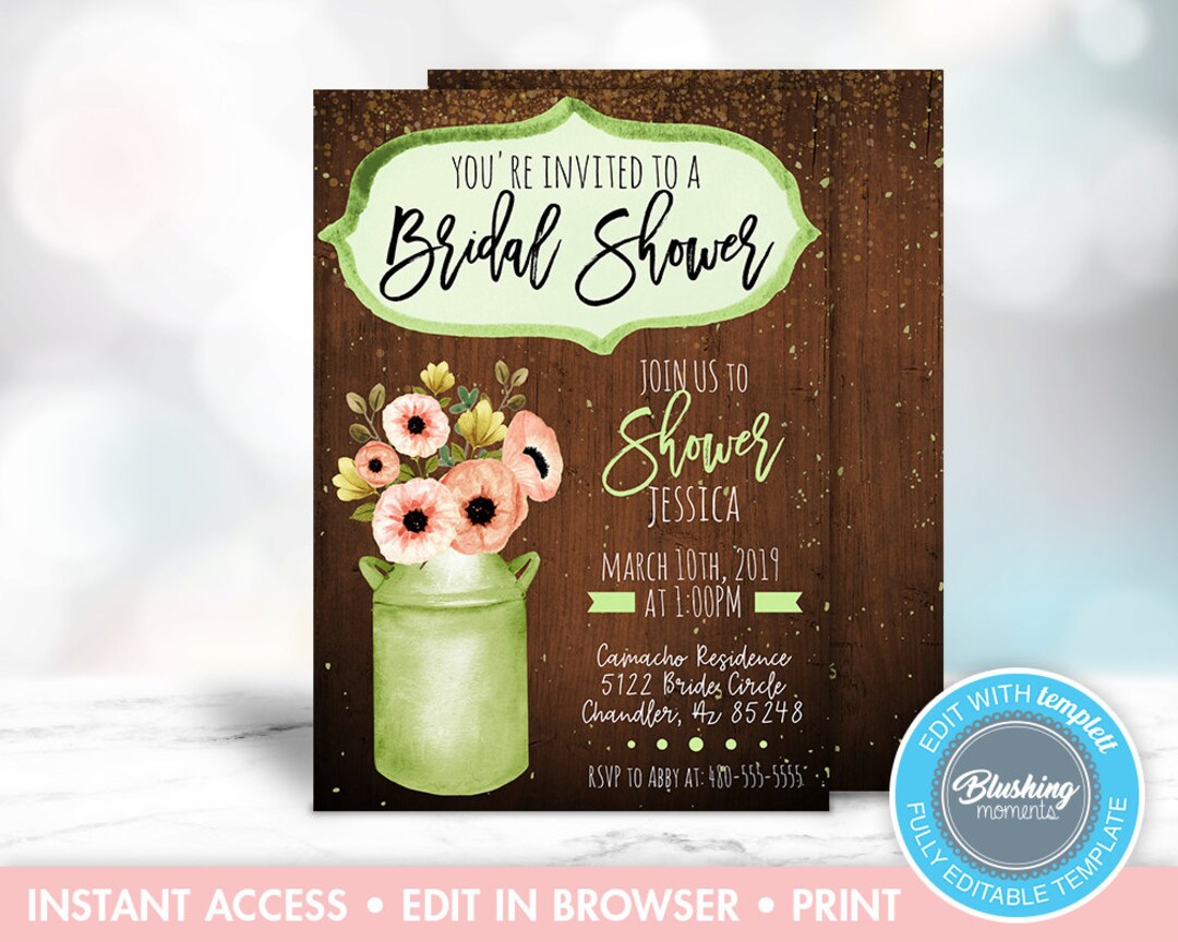Editable Rustic Bridal Shower Invitation, Mason Jar Invitations ...