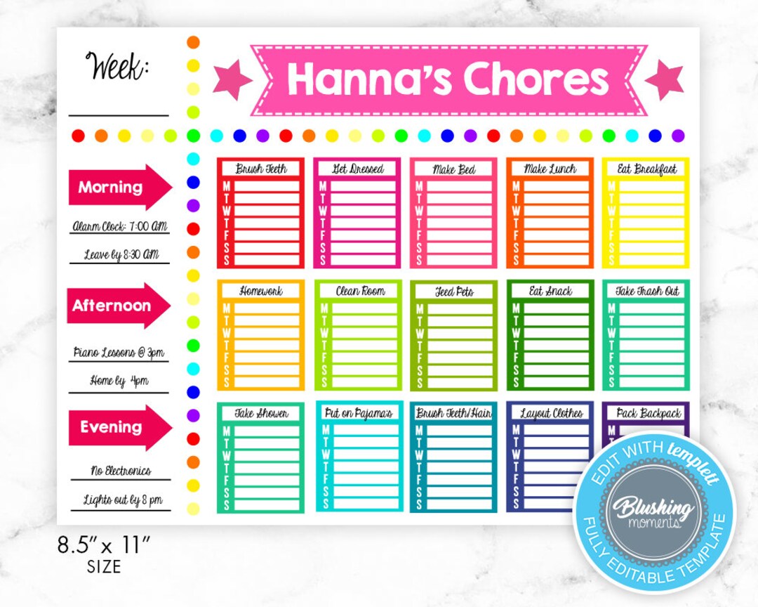 EDITABLE Kids Chore Chart, Kids Checklist, Weekly Checklist, Kids to Do ...