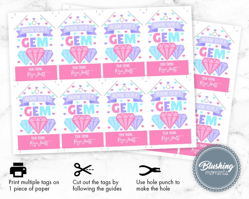 GEM Valentine's Day Tags, Printable Valentine, Classroom School Teacher ...