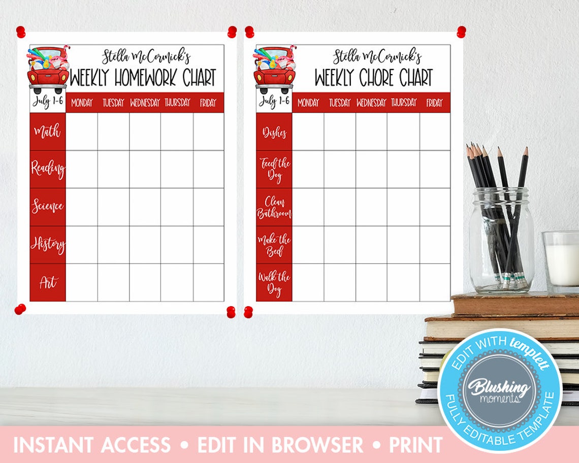 EDITABLE Kids Chore Chart Back to School Planner Weekly | Etsy