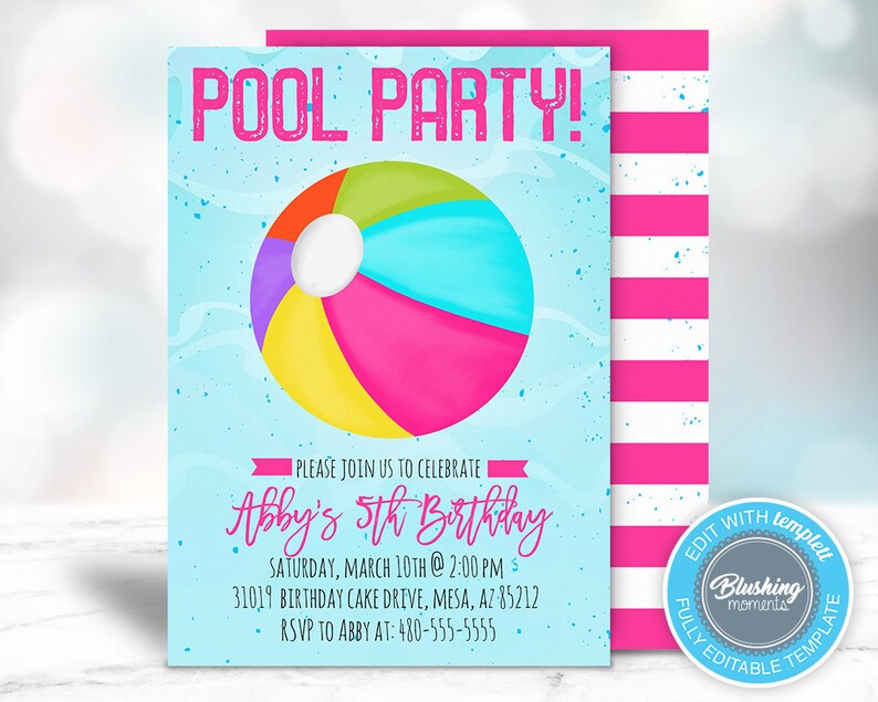 Pink Pool Party Invitation Swimming Birthday Party Invite - Etsy