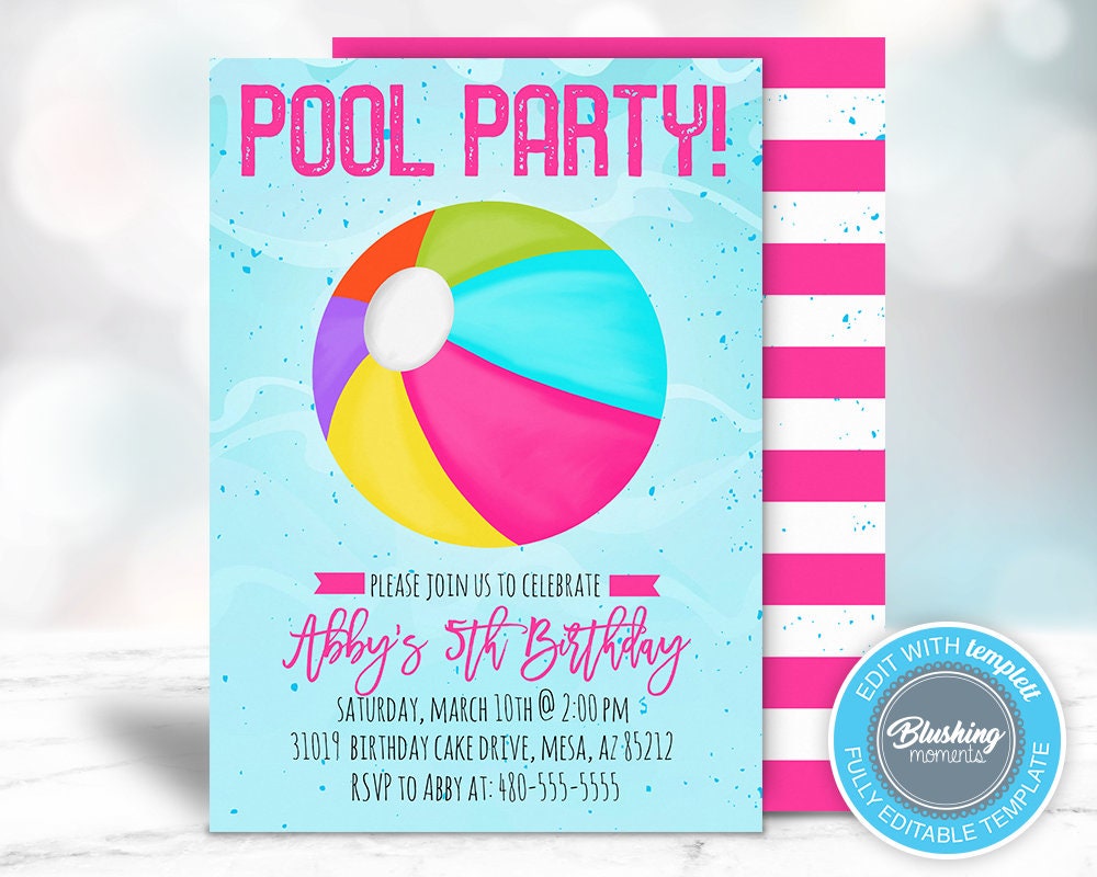 Pink Pool Party Invitation Swimming Birthday Party Invite - Etsy