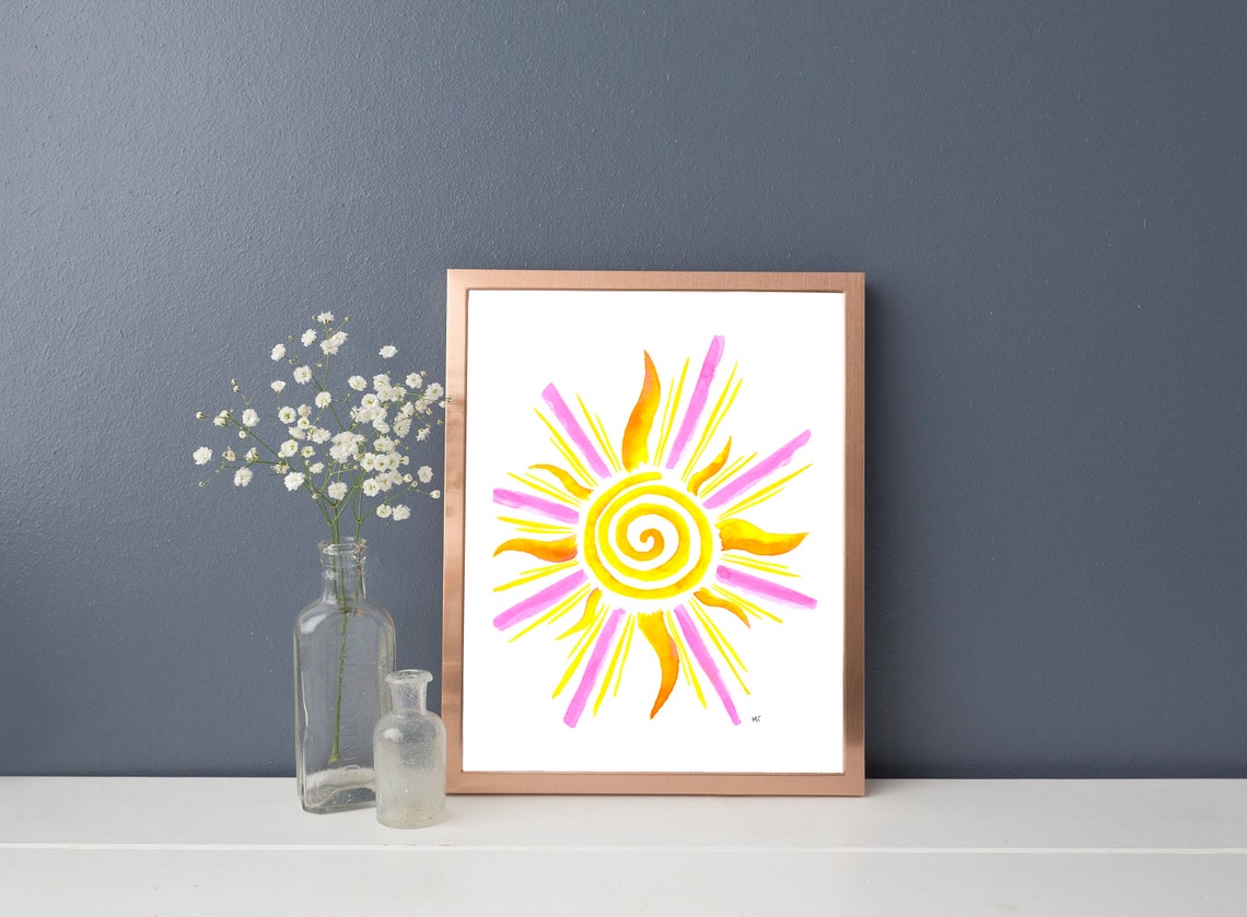 Sun Rays Art Print, Watercolor Sun, Abstract Sun Wall Art, Summer Sun ...