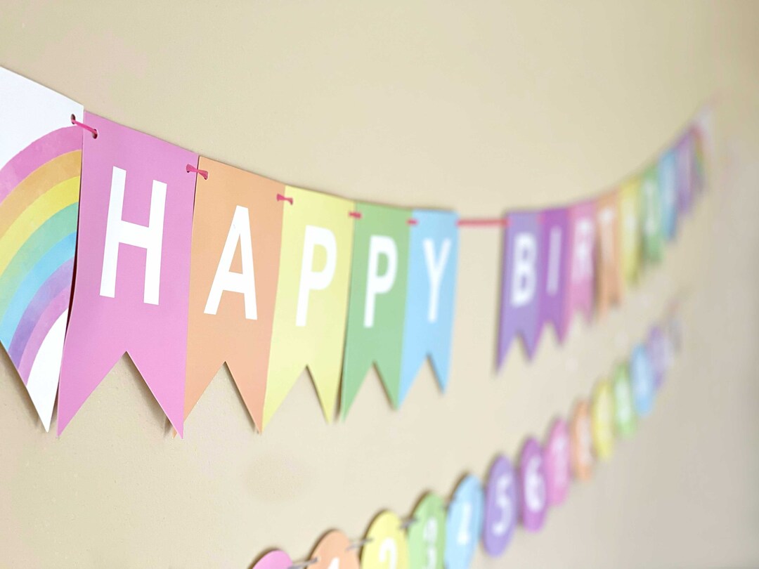 Rainbow Pastel Birthday Banner - Rainbow Garland, Rainbow Milestone ...