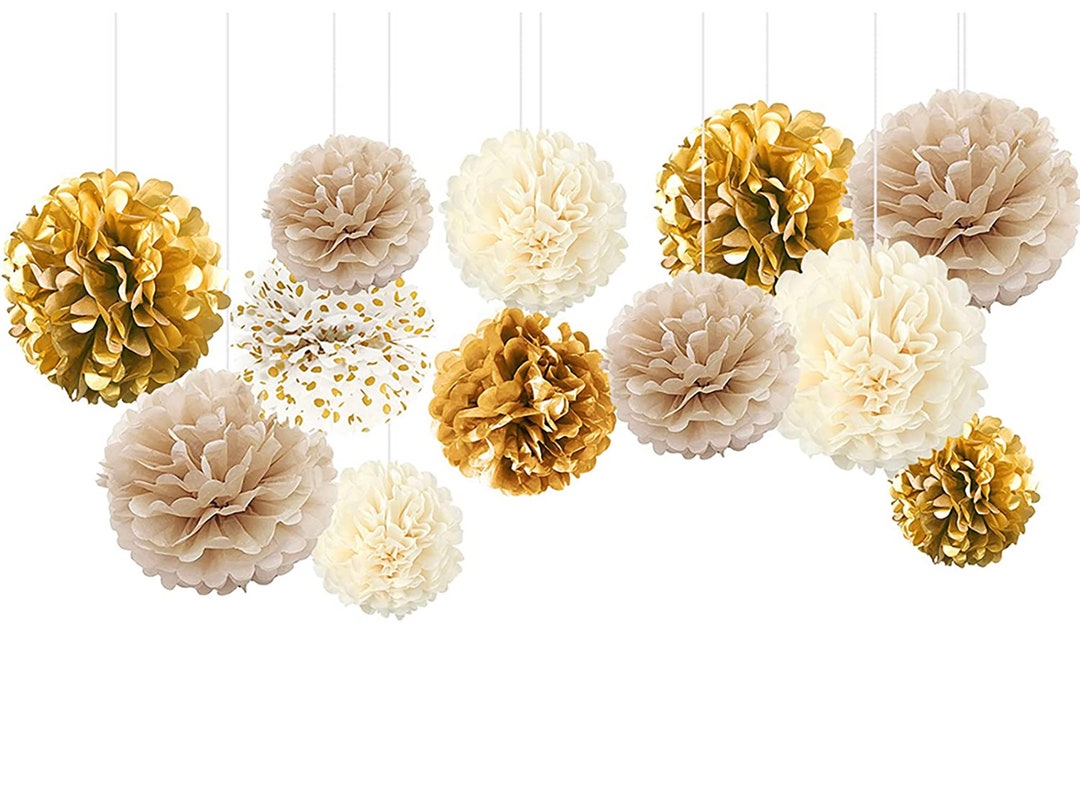 Gold Party Decoration, Gold Pom Pom, Neutral Color Party, Gold White ...
