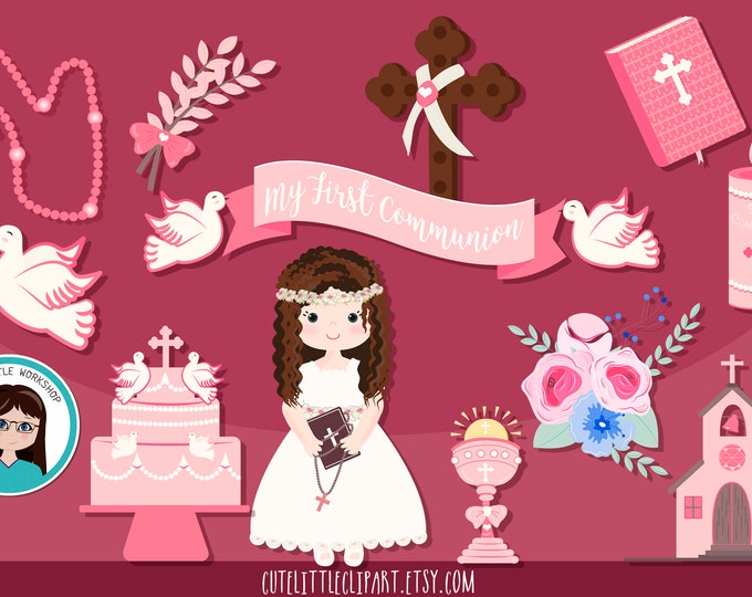 First Holy Communion Girl Clipart Bundle, Pink Graphic Set of Bible ...