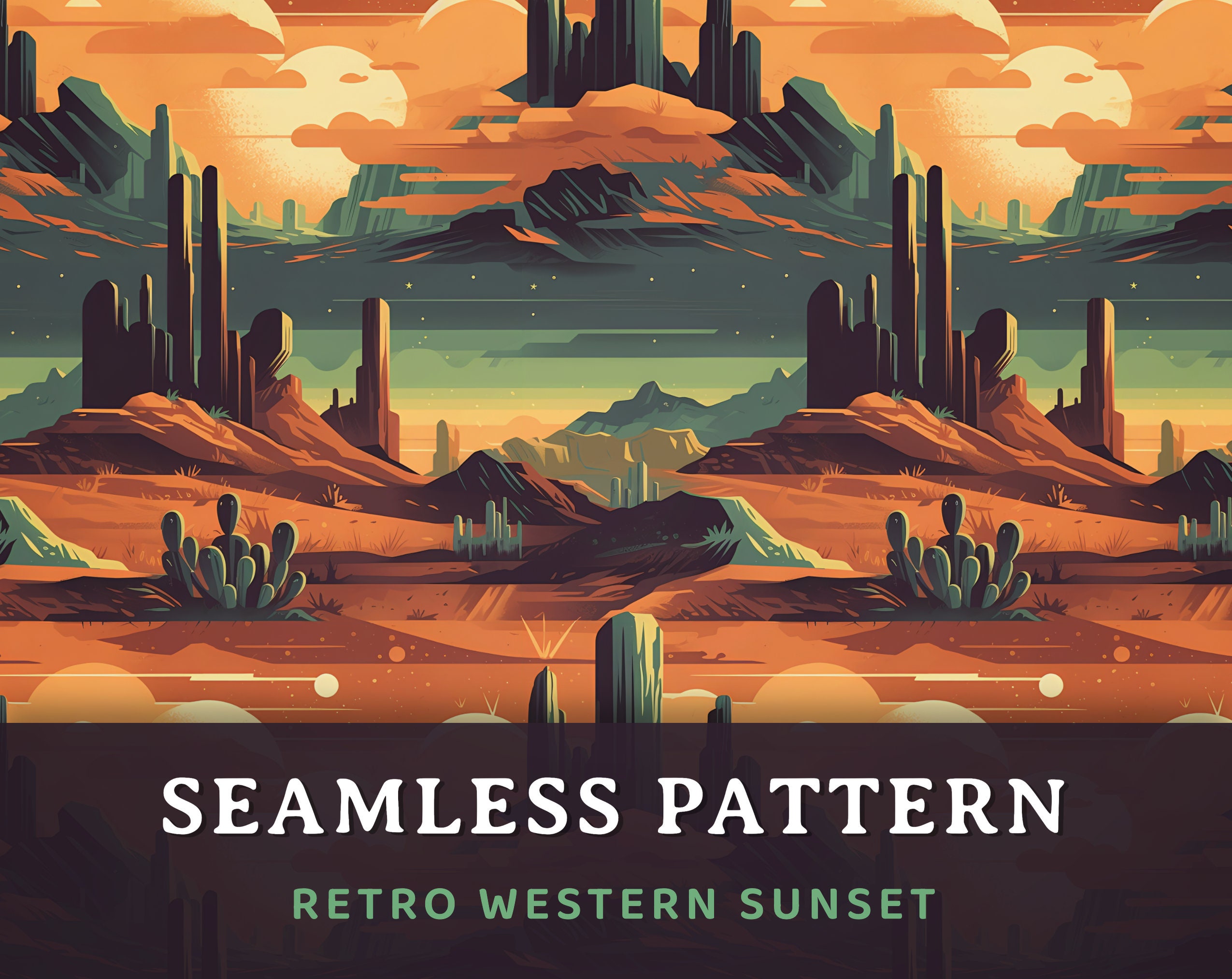 Retro Western Desert Sunset Seamless Digital Pattern, Premium ...