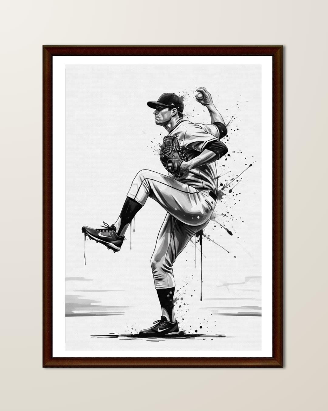Baseball Pitcher Printable Wall Art Black & White Ink Splash ...