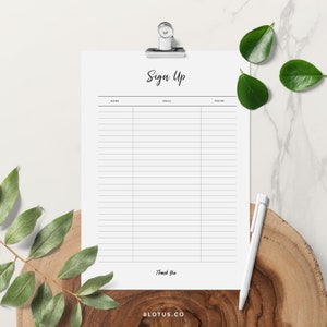 Minimalist Sign up Sheet L PRINTABLE Sign Up, Event Sign Up, Sign in ...