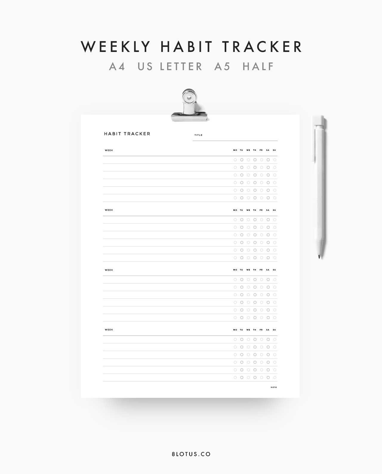 A4 Half Letter Sizes US Letter A5 Printable Minimalist Habit Tracker ...