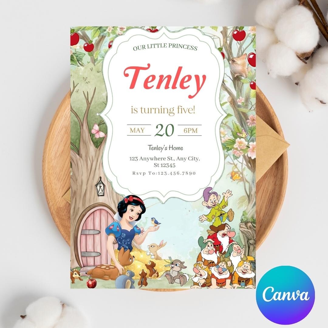 Princess Snow White Birthday Invitation, Seven Dwarfs Birthday Invite ...