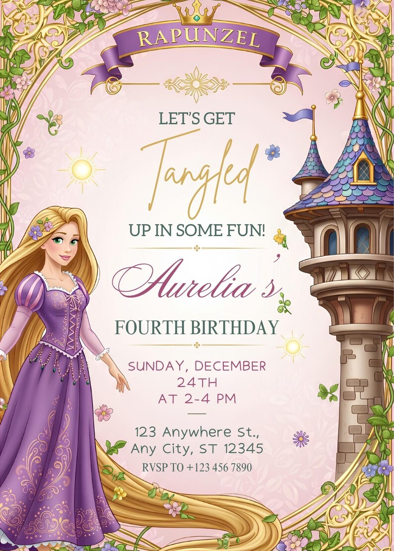 Editable Rapunzel Birthday Invitation, Tangled Theme Party, Princess ...