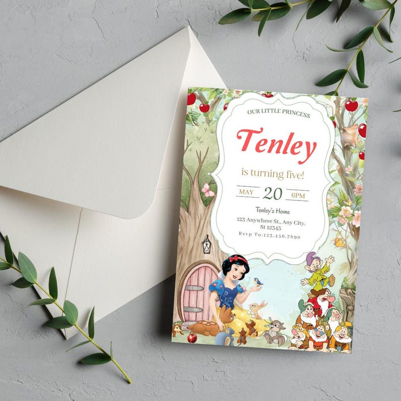 Princess Snow White Birthday Invitation, Seven Dwarfs Birthday Invite ...