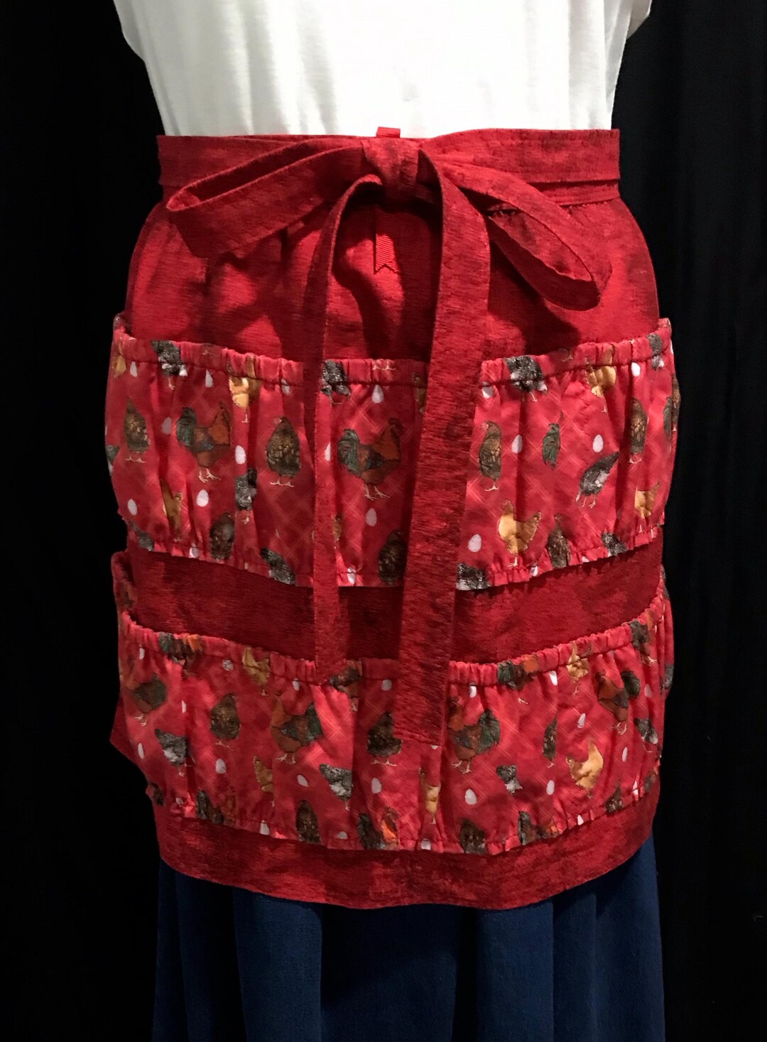 Red Egg Gathering Apron: Chicken & Floral Pockets, Handmade in USA - Etsy