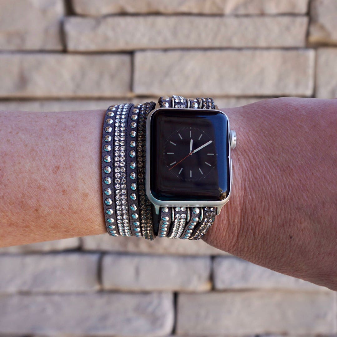Bling Gray Rhinestone and Studded Double Wrap Apple Watch Band Strap ...