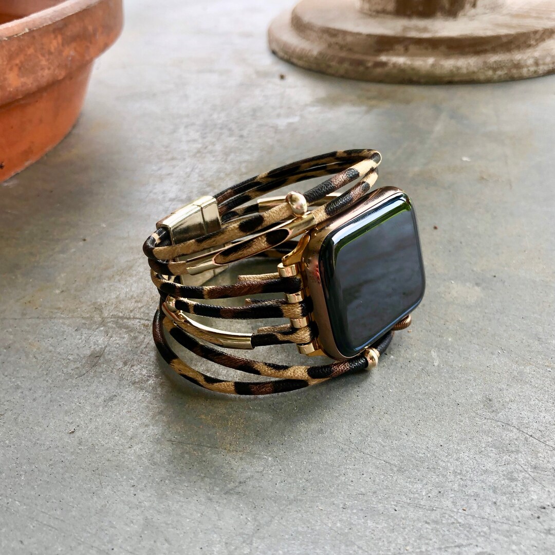 Leopard Apple Watch Cuff Bracelet Band With Gold Magnetic Clasp by ...