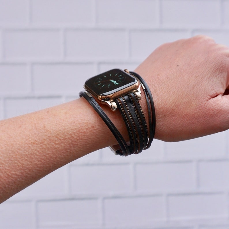 Petite Black Apple Watch Cuff Bracelet Band Thin Leather With - Etsy