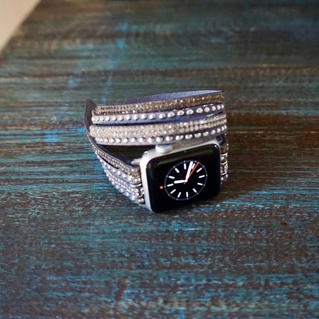 Bling Gray Rhinestone and Studded Double Wrap Apple Watch Band Strap ...