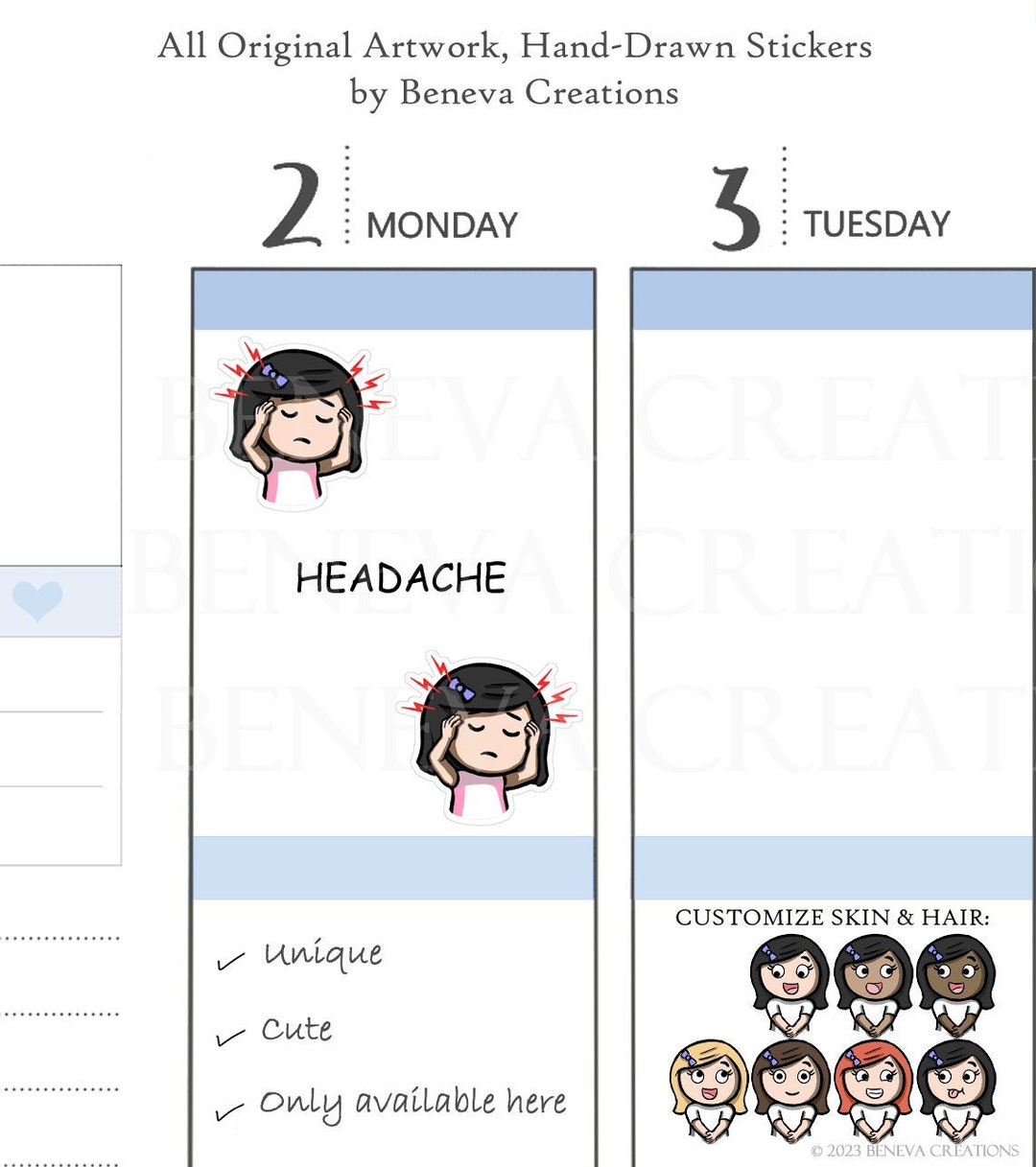 Headache Stickers Pain Stickers Migraine Stickers symptom Stickers ...