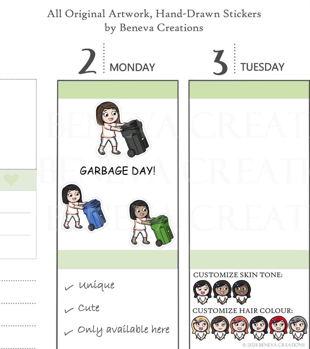 Garbage Day - Bin Day - Trash Day - Recycle Bins Stickers - Garbage ...