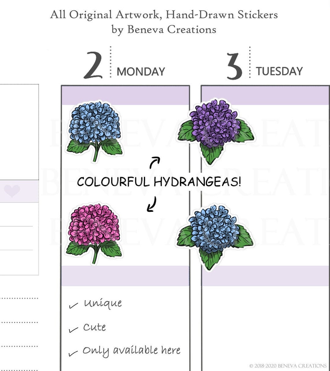 Hydrangea Stickers - Blue Hydrangeas- Pink Hydrangeas- Flower Stickers ...