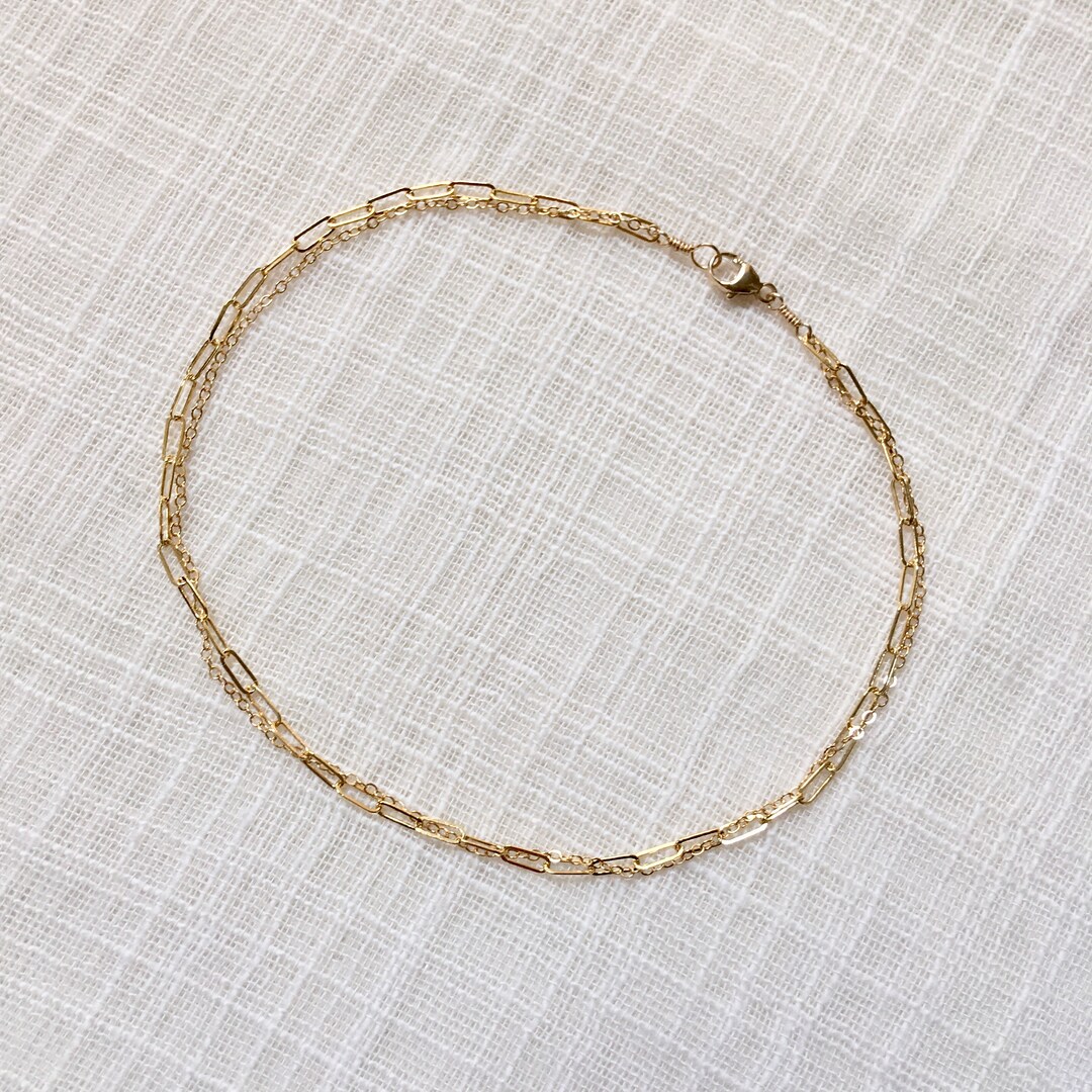 Gold Dual Chain Anklet Simple, Dainty 14k Pure Gold Paperclip Chain ...