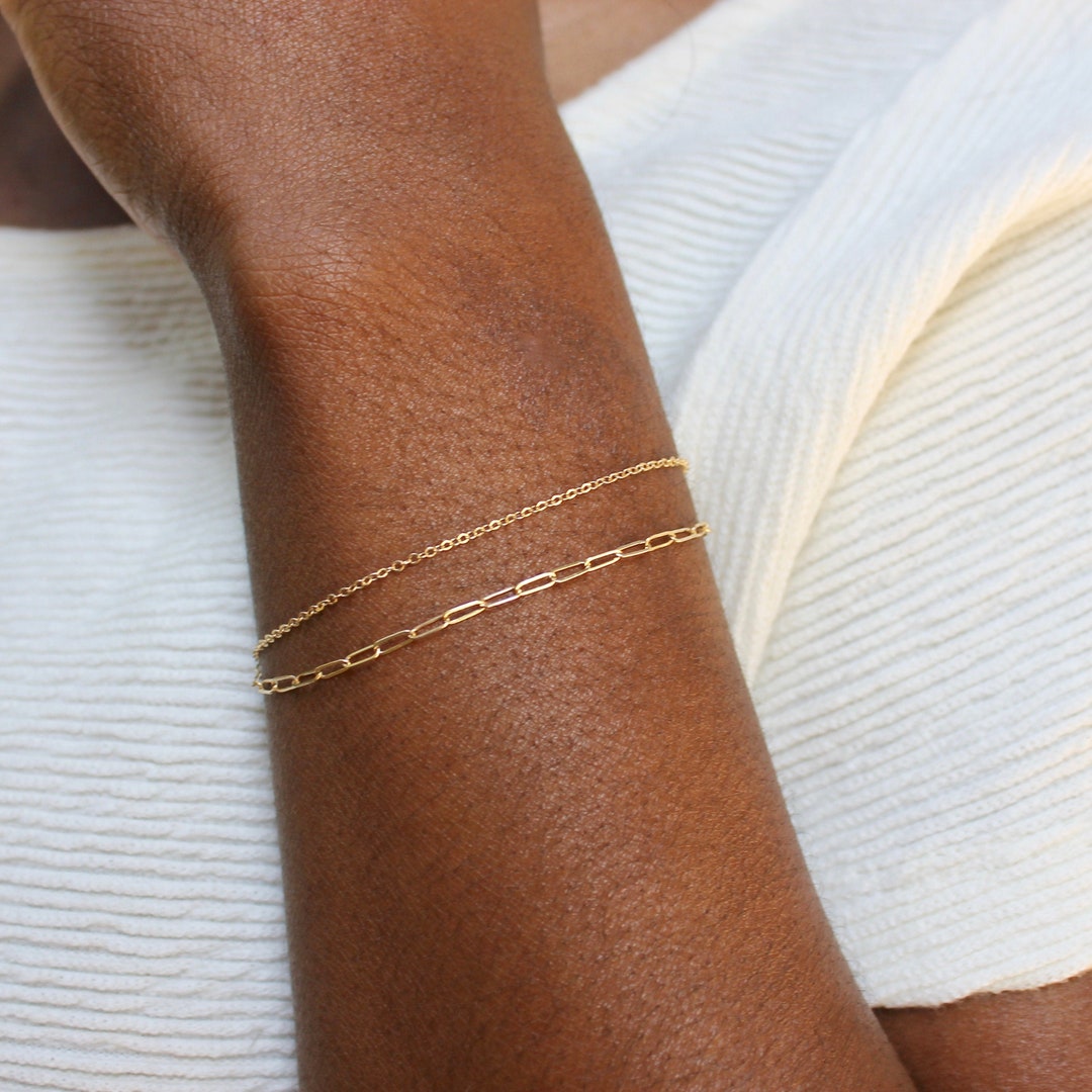 Gold Layered Chain Bracelet 14k Gold Paperclip Multi Chain Bracelet ...
