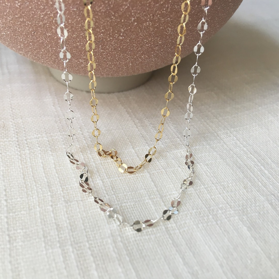 14k Solid Gold Glitter Chain Necklace Pure 14k Fine Gold Sparkly ...