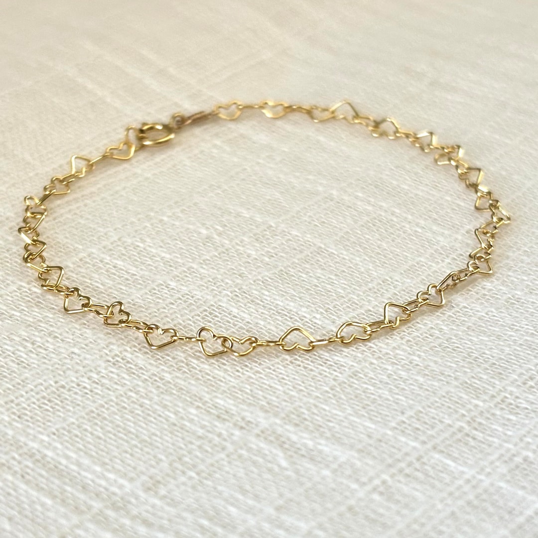 Heart Chain Bracelet Dainty, Cute Heart Bracelet in 14k Gold Sweet Heart Bracelet Gift for Her ...