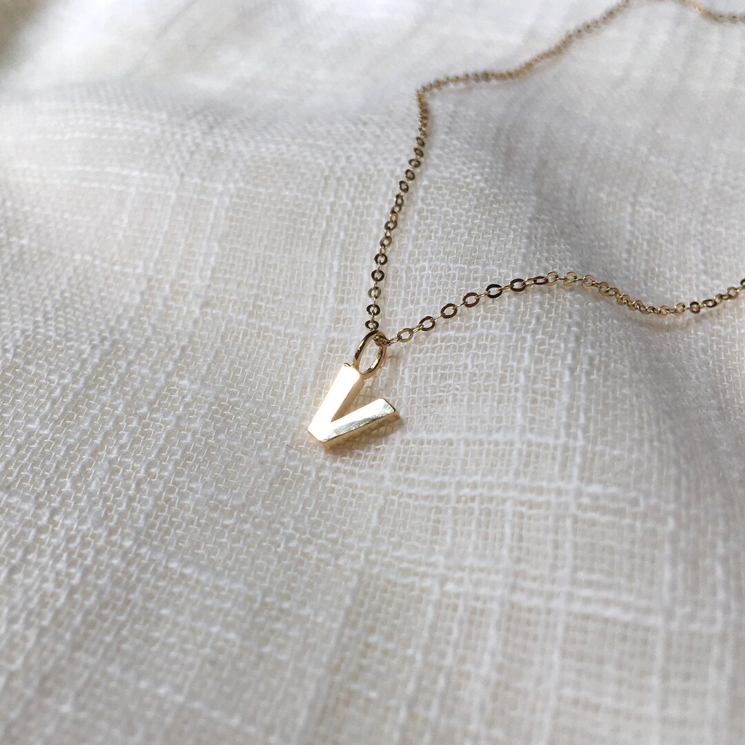 14k Gold Initial V Necklace Gold Block Letter V Charm Necklace 14k Gold ...