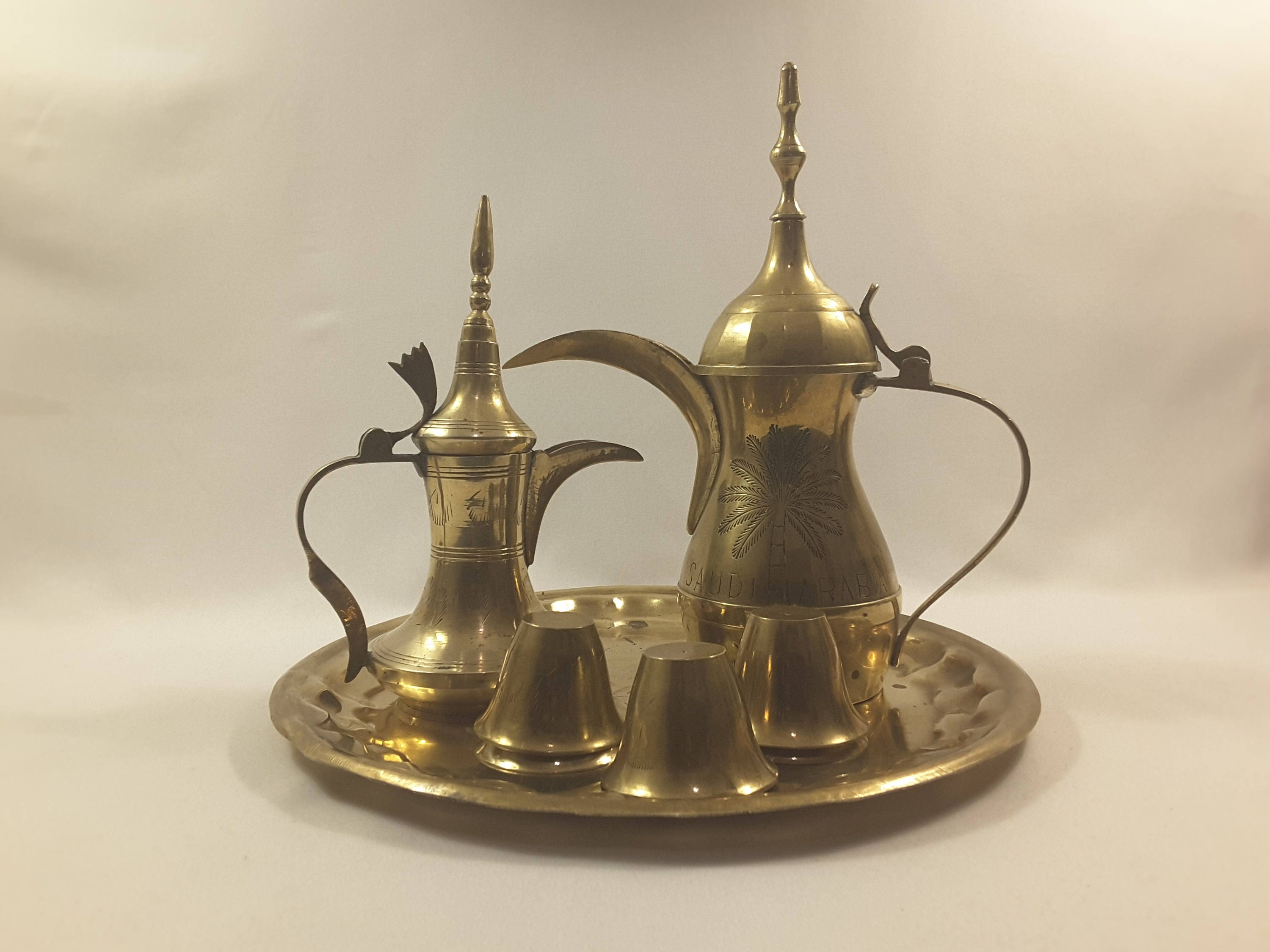 Vintage Dallah Brass Coffee and Tea Set With Tray and 5 Cups Marked ...