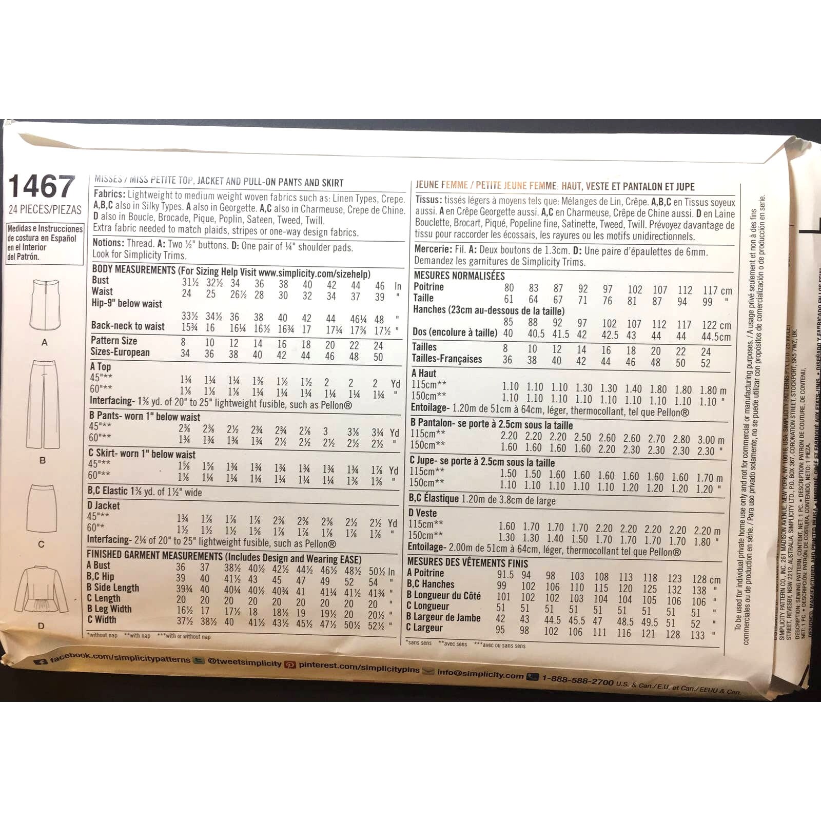 Simplicity Sewing Pattern Misses 1467 Top Jacket Pants Skirt Sizes 8 16 ...