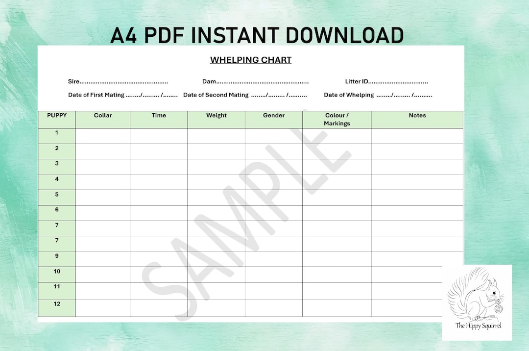 Puppy Whelping Chart, Breeder Chart, A4 PDF Litter Record, Edit in Word ...