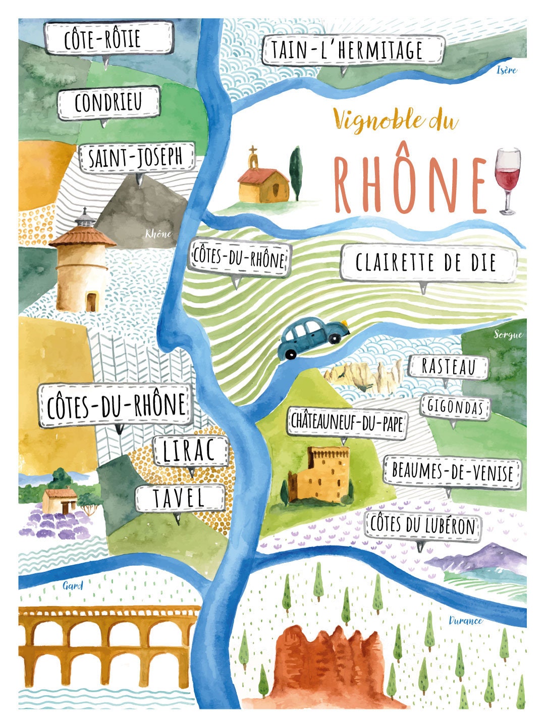 Rhône Vineyard Poster, Illustrated Map 3040 CM - Etsy