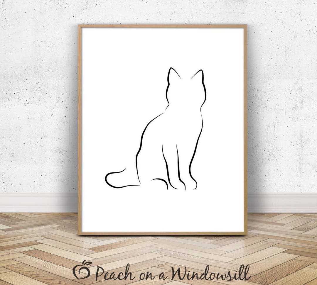 Cat Line Drawing | Minimal Cat Outline Sketch in Black and White ...